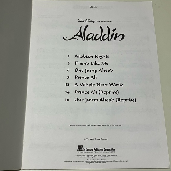Disney | Other | Disney Aladdin Violin Sheet Music Book Hal Leonard ...